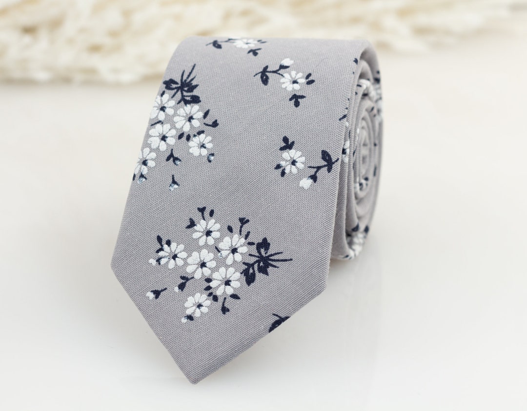 Groomsmen Grey Floral Necktie, Grey and Navy Floral Tie, Azazie Steel ...