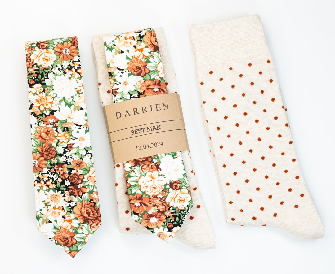 Burnt Orange Floral Tie, Cream Polka Dot Socks, Terracotta Floral Tie ...
