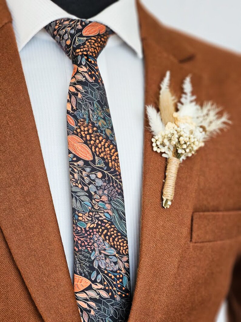 Terracotta and Sage Floral Tie With Black Base, Burnt Orange Floral Tie ...