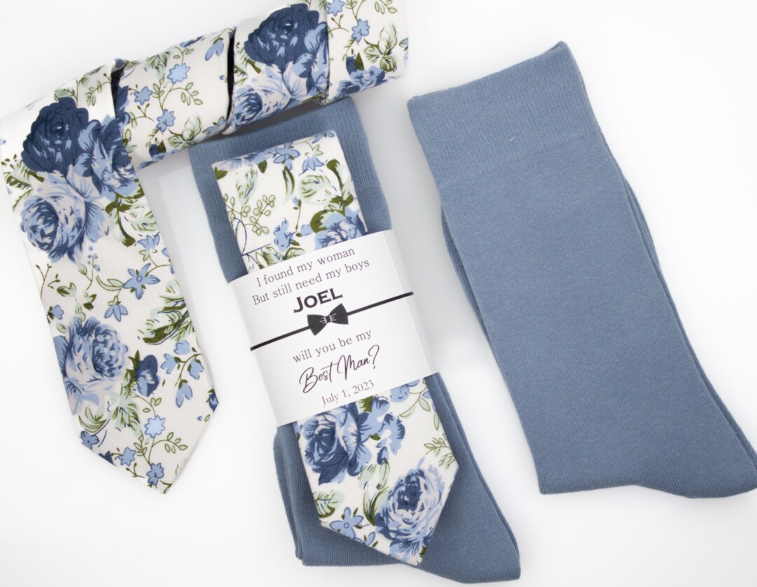 Pale Blue Floral Necktie, Dusty Blue Floral Tie, Shades of Blue Tie, Solid Dusty Blue Groomsmen ...