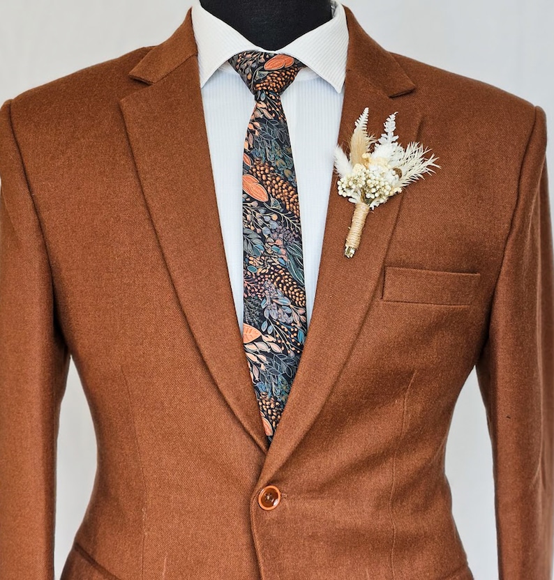 Terracotta and Sage Floral Tie With Black Base, Burnt Orange Floral Tie ...