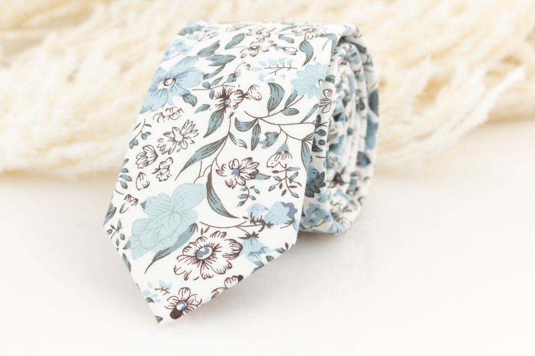 Pastel Blue Floral Wedding Tie, White, Blue and Grey Floral Tie, Wild ...
