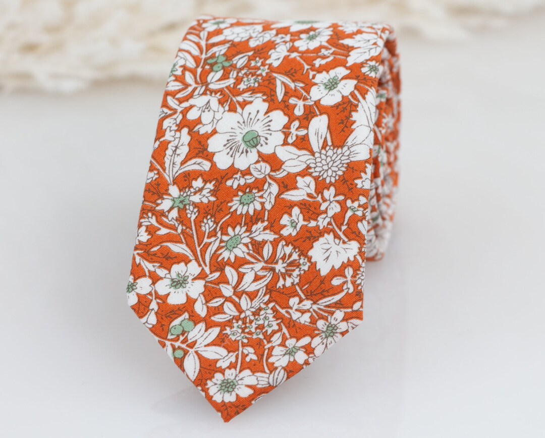 Rust Wedding Tie, Burnt Orange and Sage Floral Tie, Orange and Sage ...