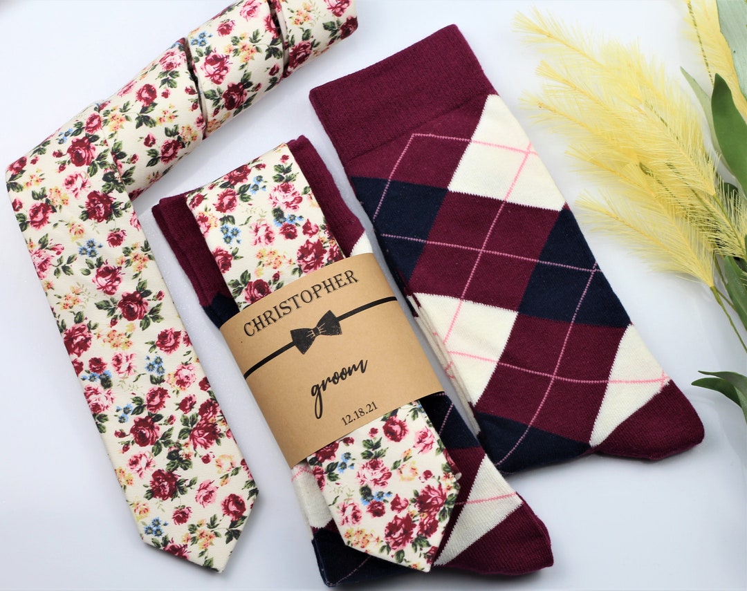 Cream Floral Tie With Burgundy and Sage Print, Groomsmen Burgundy Socks ...