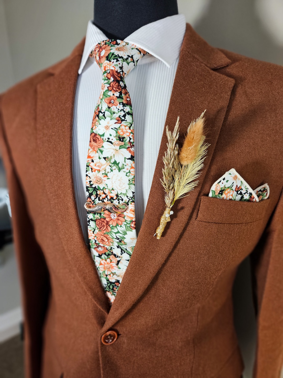 Rust Wedding Tie, Burnt Orange and Sage Floral Tie, Terracotta Floral ...