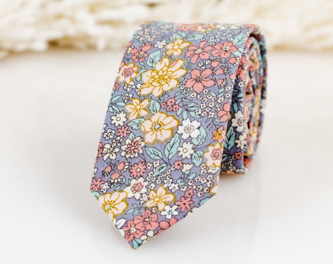 Grey and Peach Floral Tie, Wild Flowers Tie, Peach Floral Tie, Wedding ...