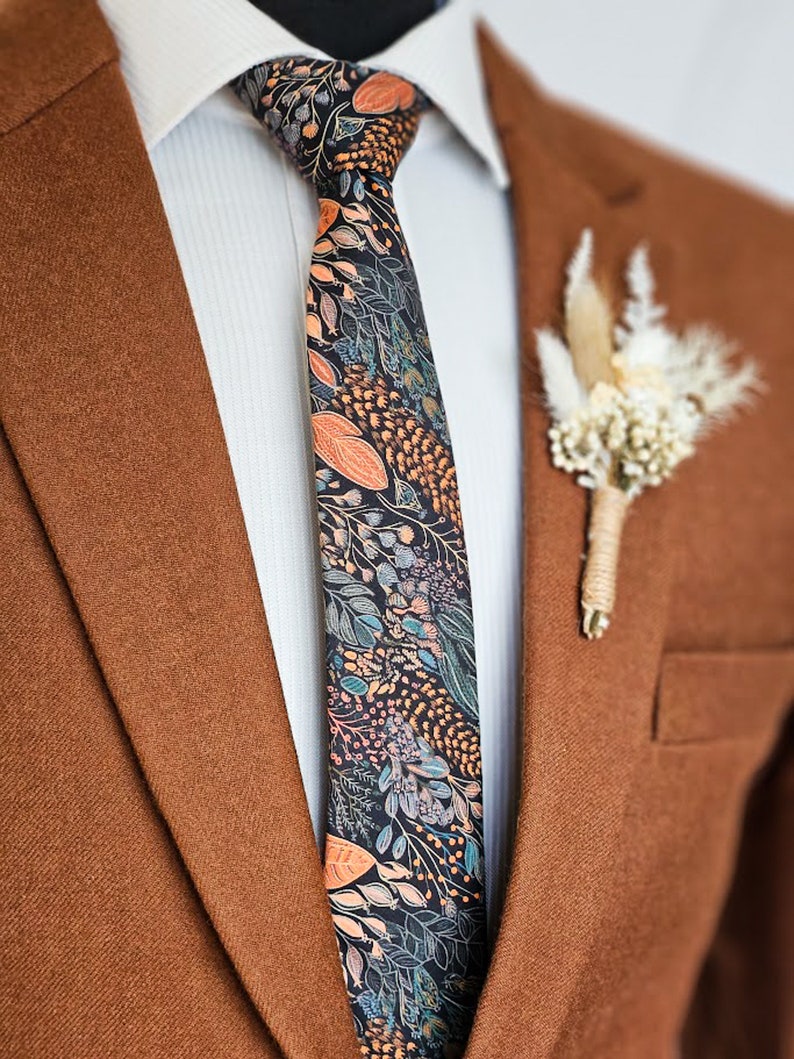 Terracotta and Sage Floral Tie With Black Base, Burnt Orange Floral Tie ...