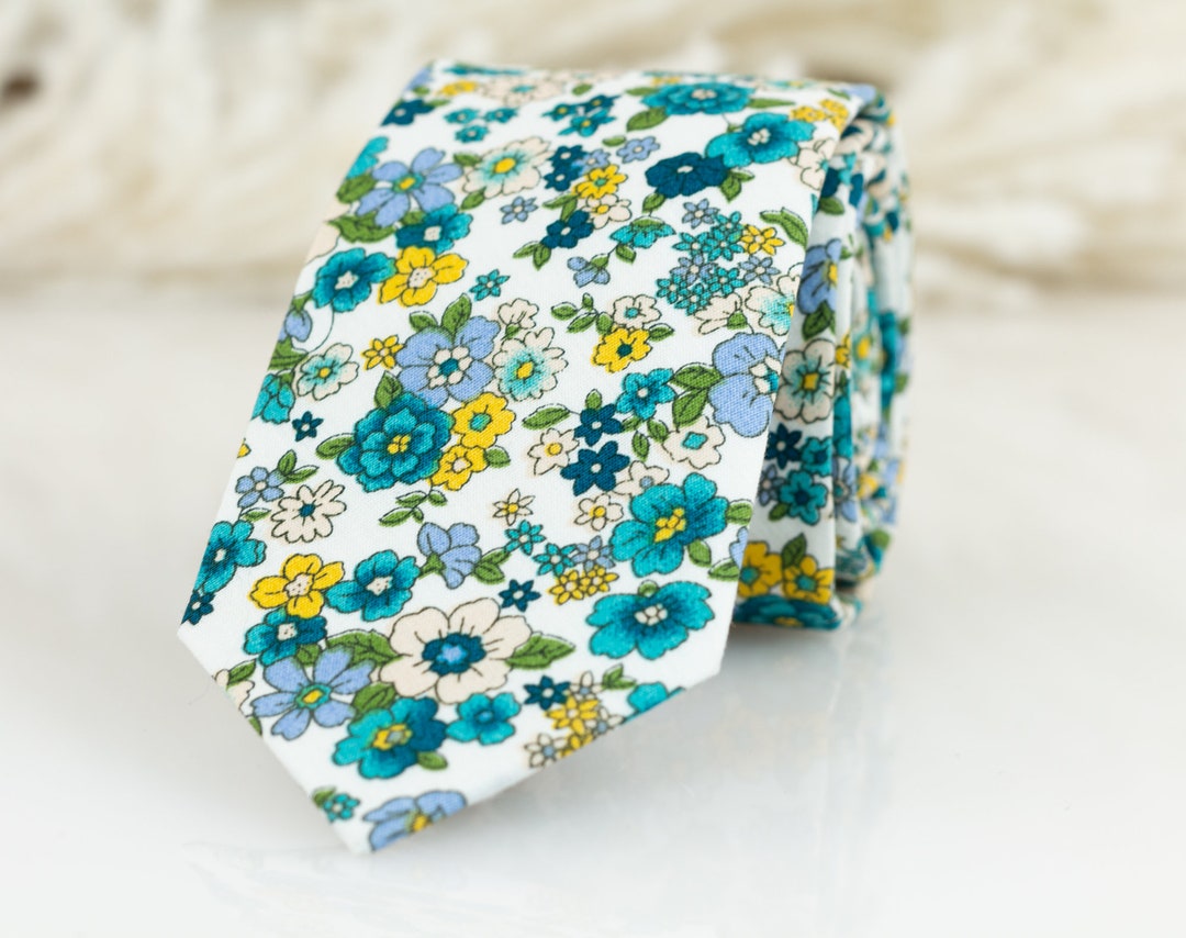 Ink Blue Floral Tie, Peacock Blue Wedding Tie - Etsy