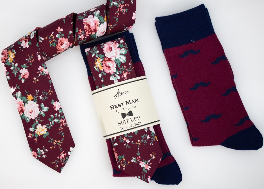 Groomsmen Burgundy Socks, Maroon Floral Wedding Tie, Wine Color Wedding Theme Socks and Tie ...