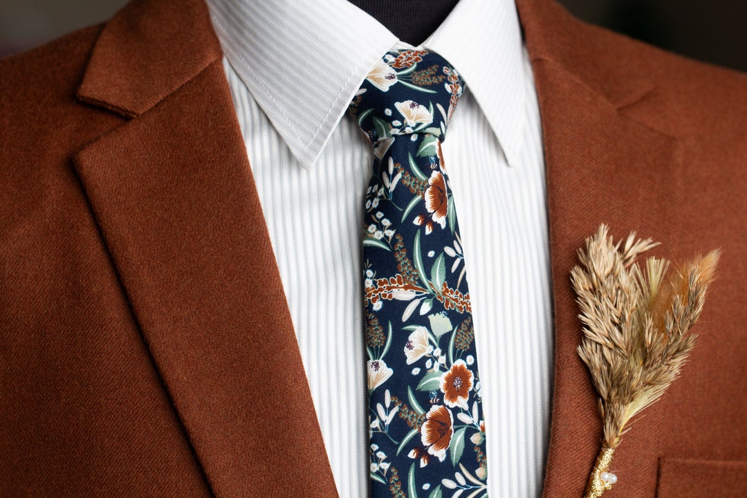 Navy, Sage and Cinnamon Floral Tie, Groomsmen Wedding Tie, Navy and ...