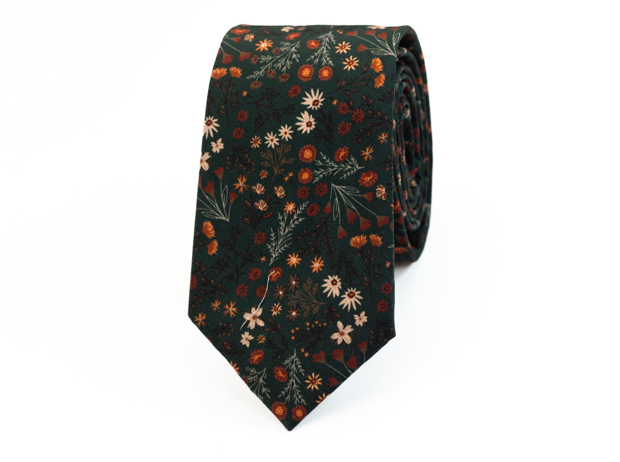 Green Floral Tie, Wild Flower Cream, Cinnamon & Dark Green Tie, Burnt ...