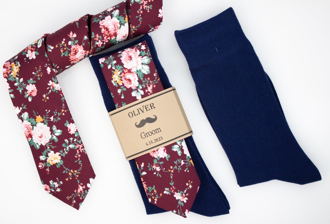 Burgundy and Navy Socks Tie Set, Groomsmen Navy Socks, Burgundy Floral ...