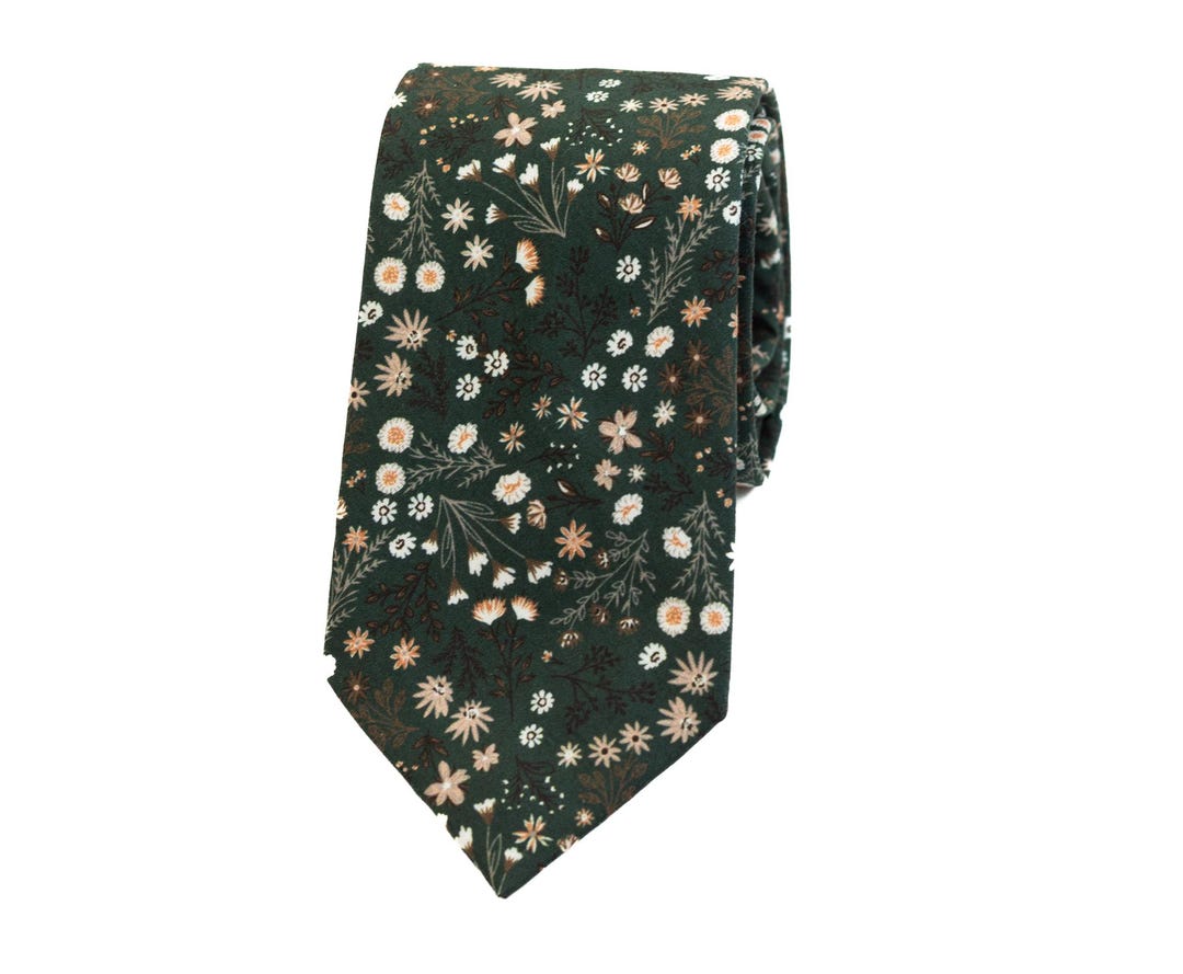 Green Floral Tie, Wild Flower Cream, Cinnamon & Dark Green Tie, Burnt ...