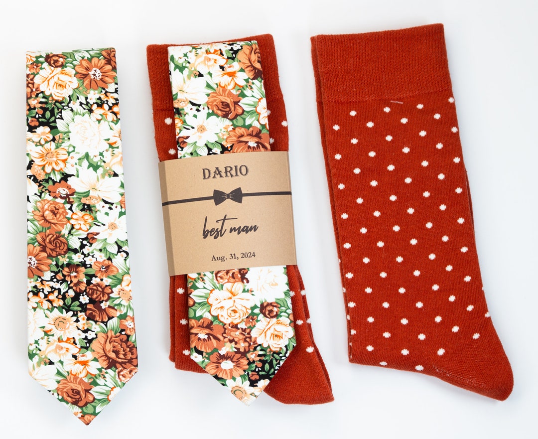 Rust Orange Floral Tie and Socks, Groomsmen Terracotta Socks, Burnt ...