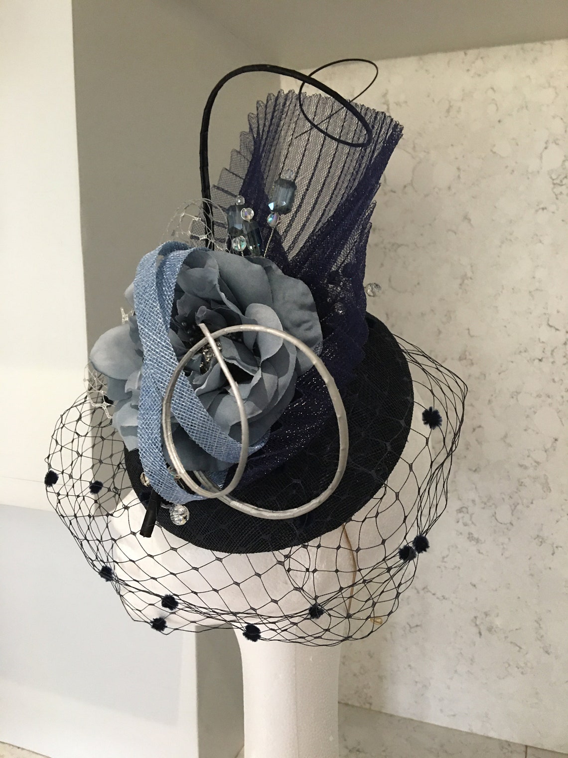 Navy Fascinator Navy Button Style Fascinator Trimmed With Cornflower ...
