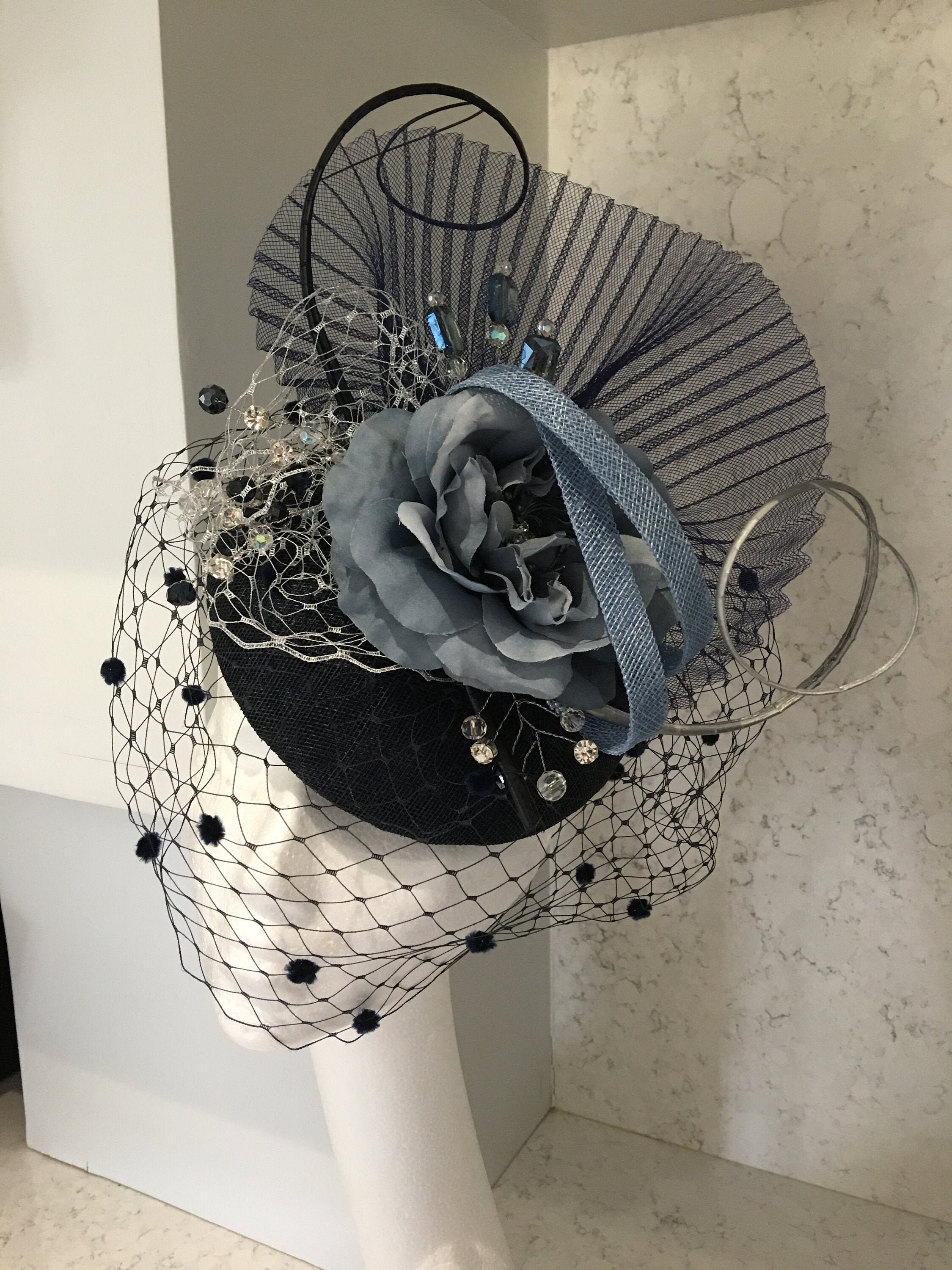 Navy Fascinator Navy Button Style Fascinator Trimmed With Cornflower ...