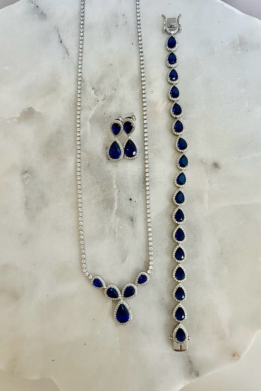 Silver Sapphire Set 3 Formal MOB MOG Bridal Wedding Special Occasion ...