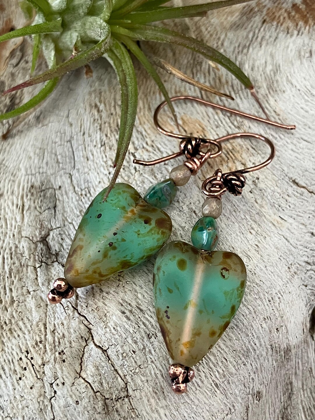 Czech Glass Heart and Copper Earrings. - Etsy