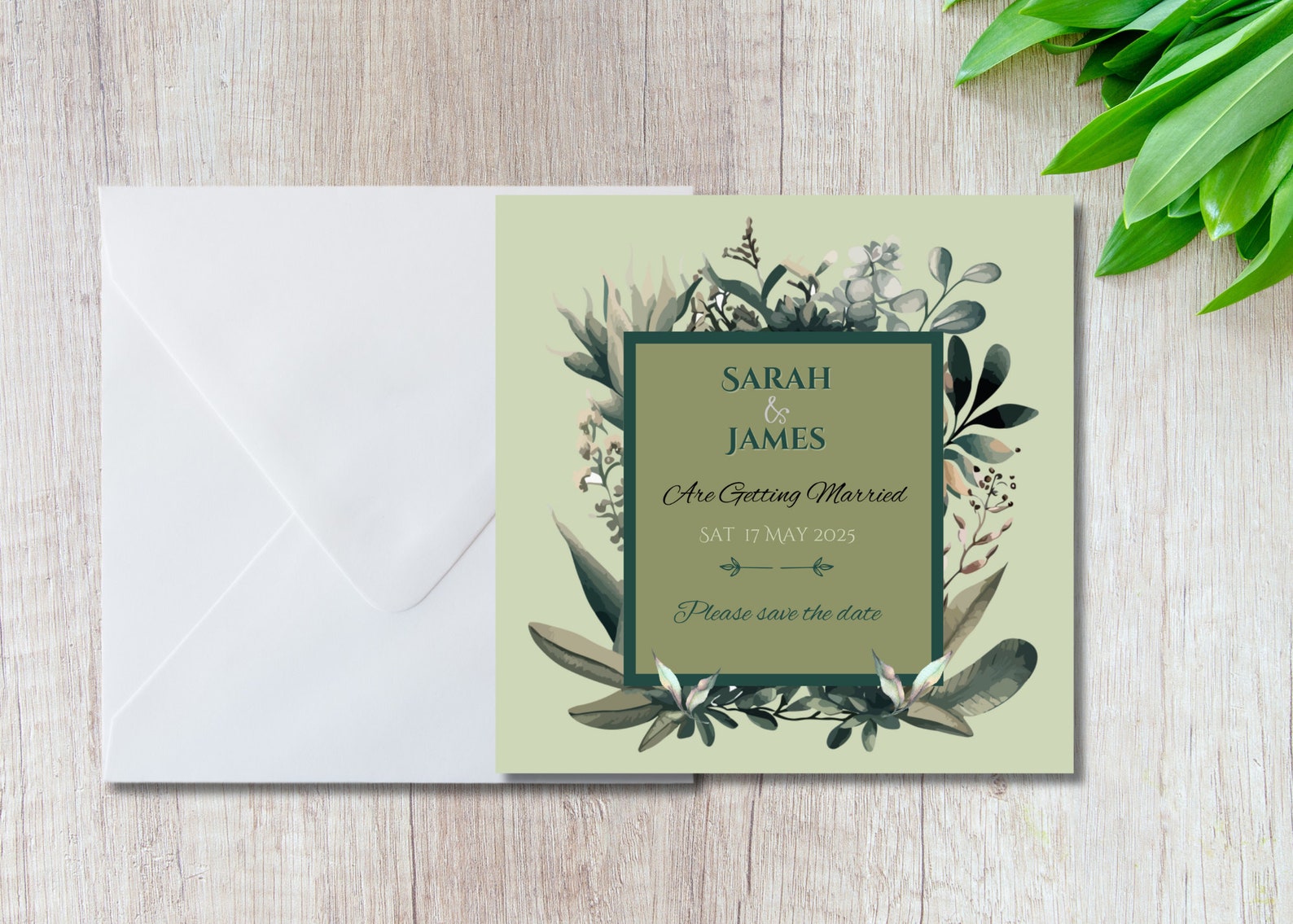 Green Watercolour Leafy Frame Square Wedding Invitation Suite Editable ...