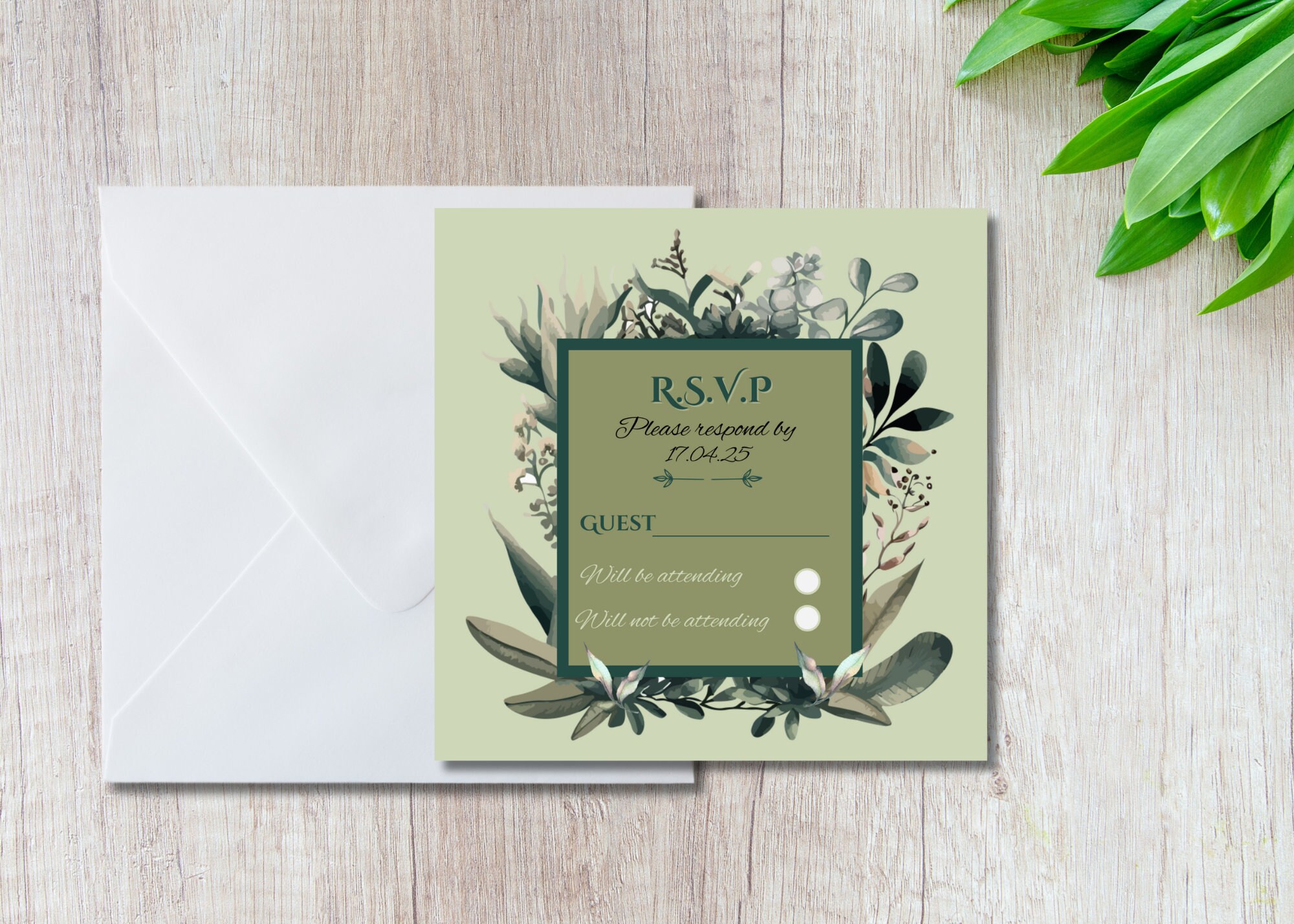 Green Watercolour Leafy Frame Square Wedding Invitation Suite Editable ...