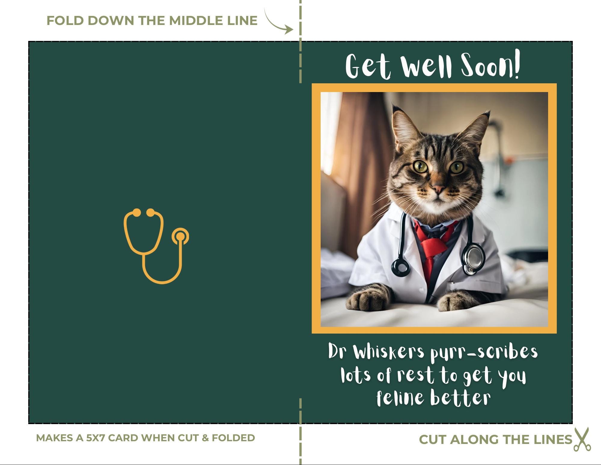 Get Well Soon Cute Cat Doctor Funny Slogan Printable Greeting Card for ...