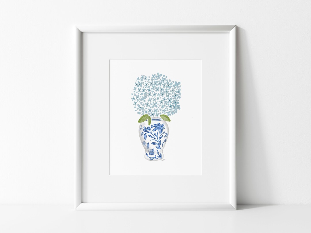 Blue Hydrangeas Ginger Jar Floral Arrangement Digital Print Preppy Wall ...