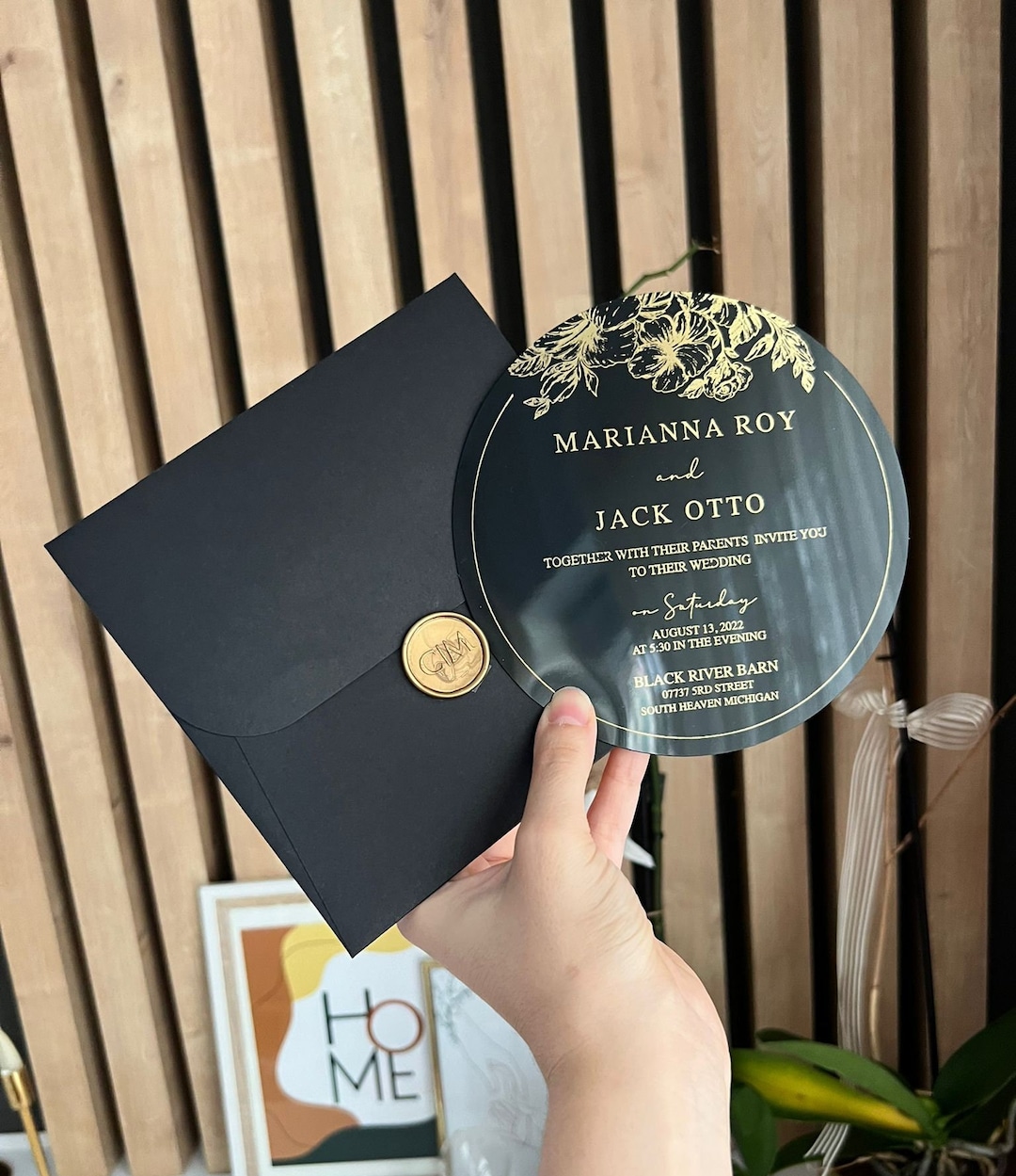 Round Black Acrylic Wedding Invitation Set - Etsy