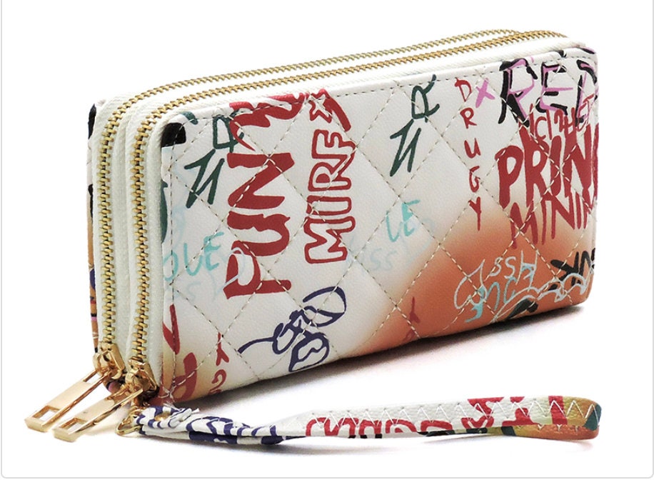 Multi Graffiti Print Double Zip Around Wallet | Etsy