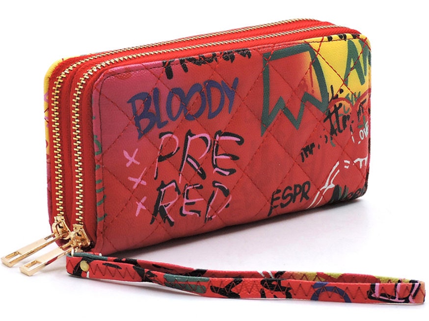 Multi Graffiti Print Double Zip Around Wallet | Etsy