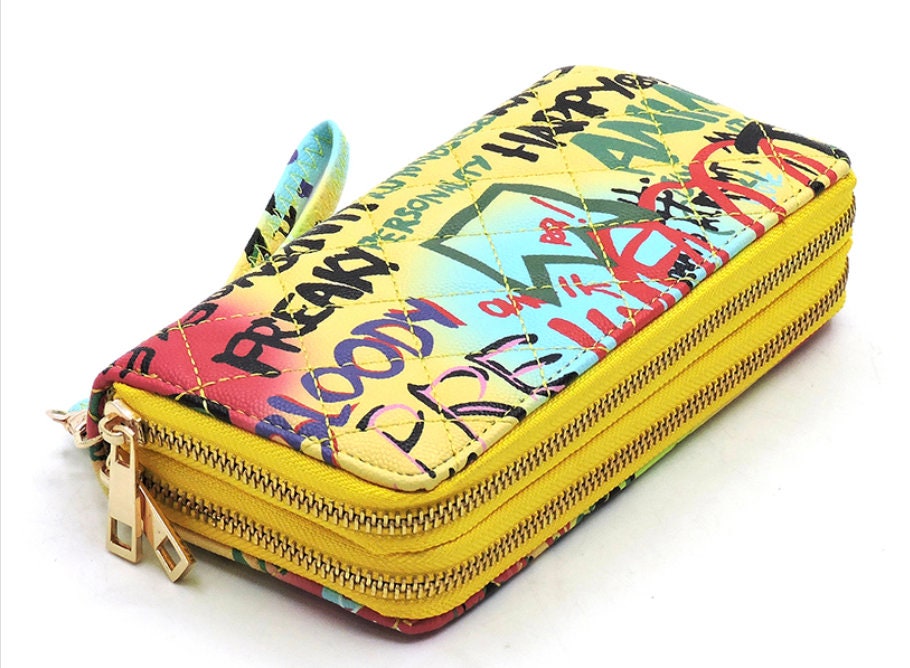 Multi Graffiti Print Double Zip Around Wallet | Etsy