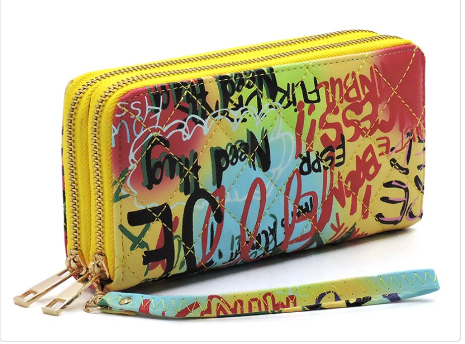 Multi Graffiti Print Double Zip Around Wallet | Etsy