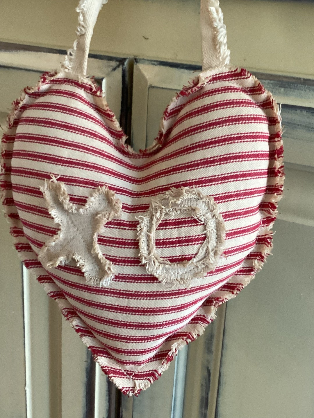 Primitive Hanging Heart, Red Ticking Heart Decor, Farmhouse Valentines ...