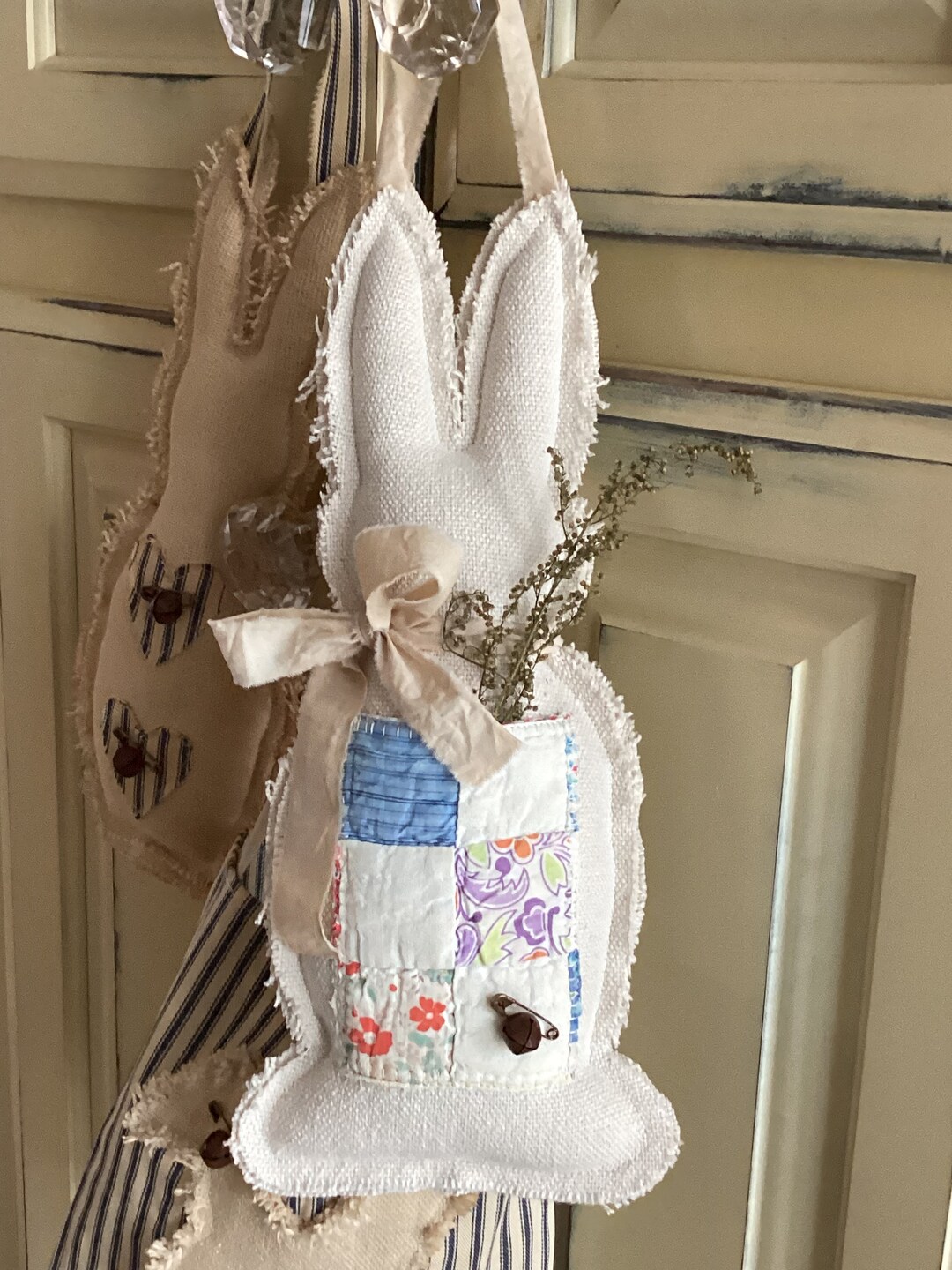 Handmade Antique Quilt Bunny, Primitive Farmhouse Bunny, Grain Sack ...