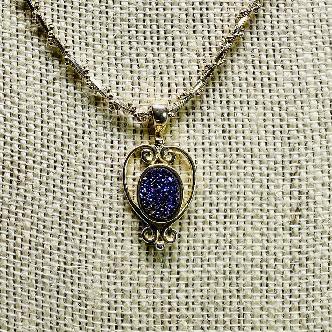 Vintage Sajen Sterling Silver Necklace With Purple Druzy Heart Pendant ...