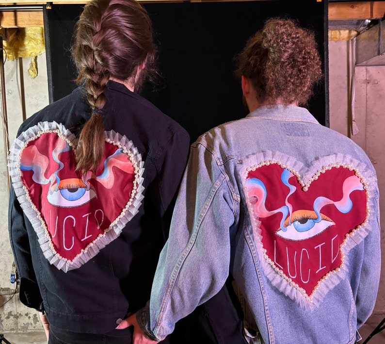 Handpainted Upcycled Denim Jacket With Hand Painted “lucid” Heart Patch ...