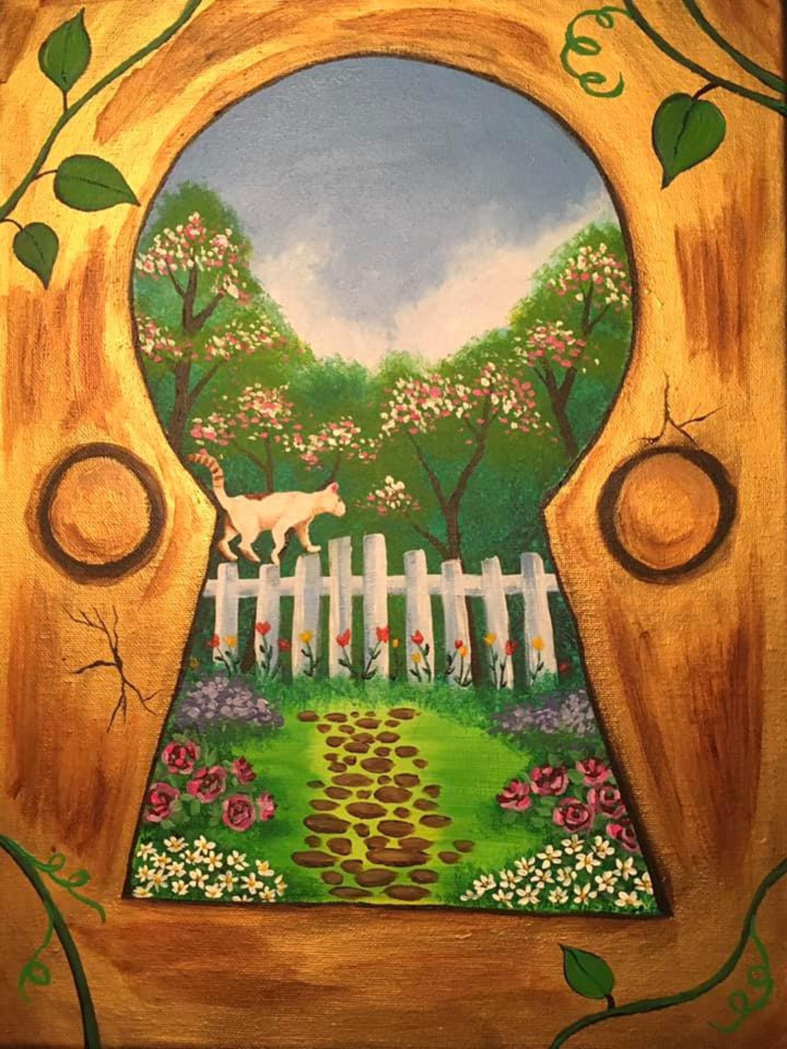 Secret Garden Keyhole Acrylic Painting with Cat on a White | Etsy