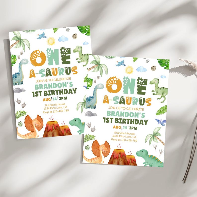 Dinosaur 1st Birthday Invitation: One-a-saurus Canva Template (5x7 ...