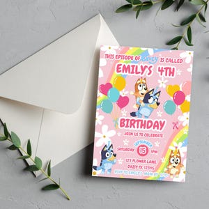 Bluey Birthday Invitation: Pink Rainbow Theme (canva Editable, Instant ...