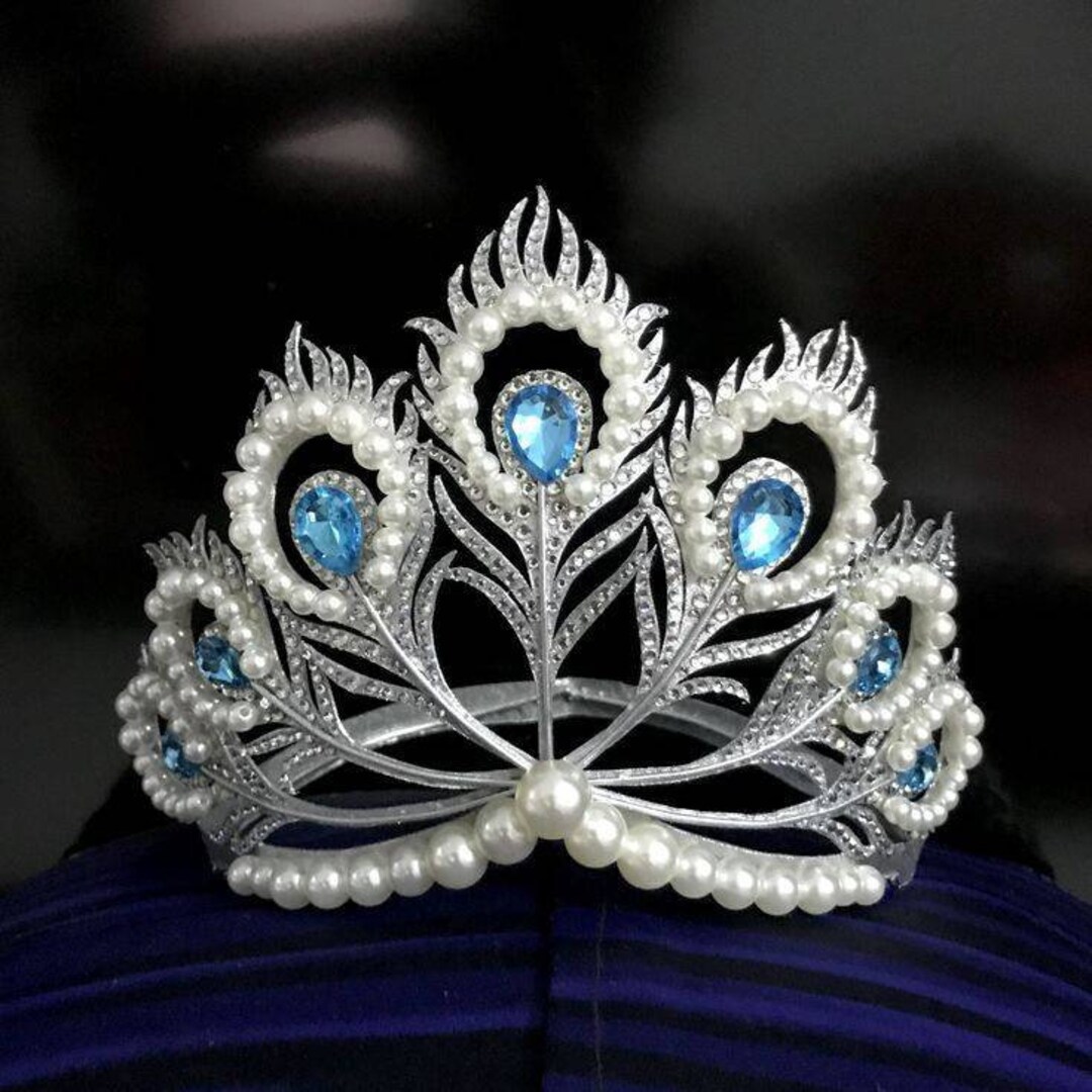 925 Sterling Silver, Art Deco Pageant Crown Featuring Pearl and Blue ...