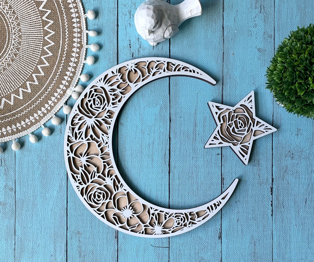 Floral Moon and Star Set | Nursery Wall Decor |wooden Crescent Moon ...