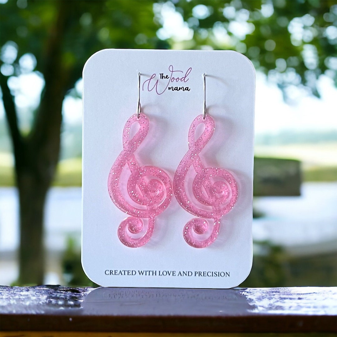 Pink Glitter Treble Clef Earrings, Teacher Gift, Music Note Earrings ...