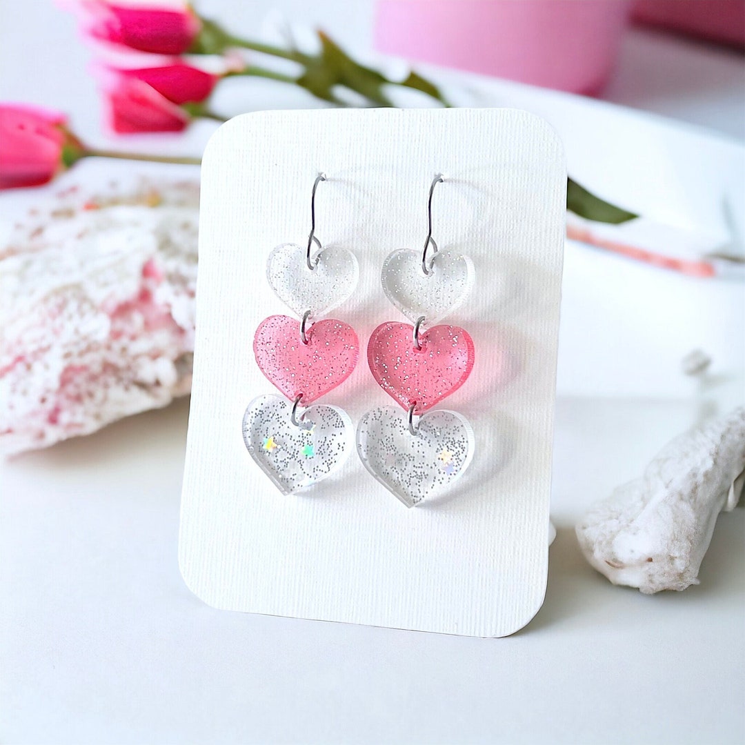 Stacked Heart Earrings, Glitter Valentines Day Gift, Jewelry Heart ...