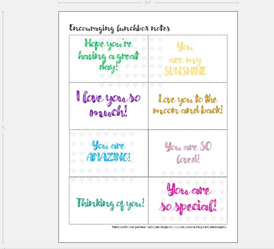 Lunch Box Notes for Kids (print at Home) 24 Cards - Cute and ...
