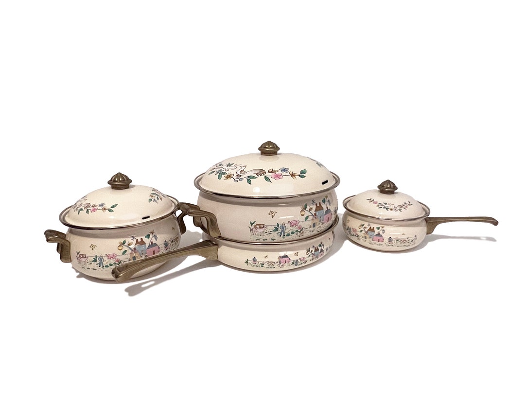 Vintage 7 Piece Set of Enamel and Brass Pots and Pans Cottage Core ...
