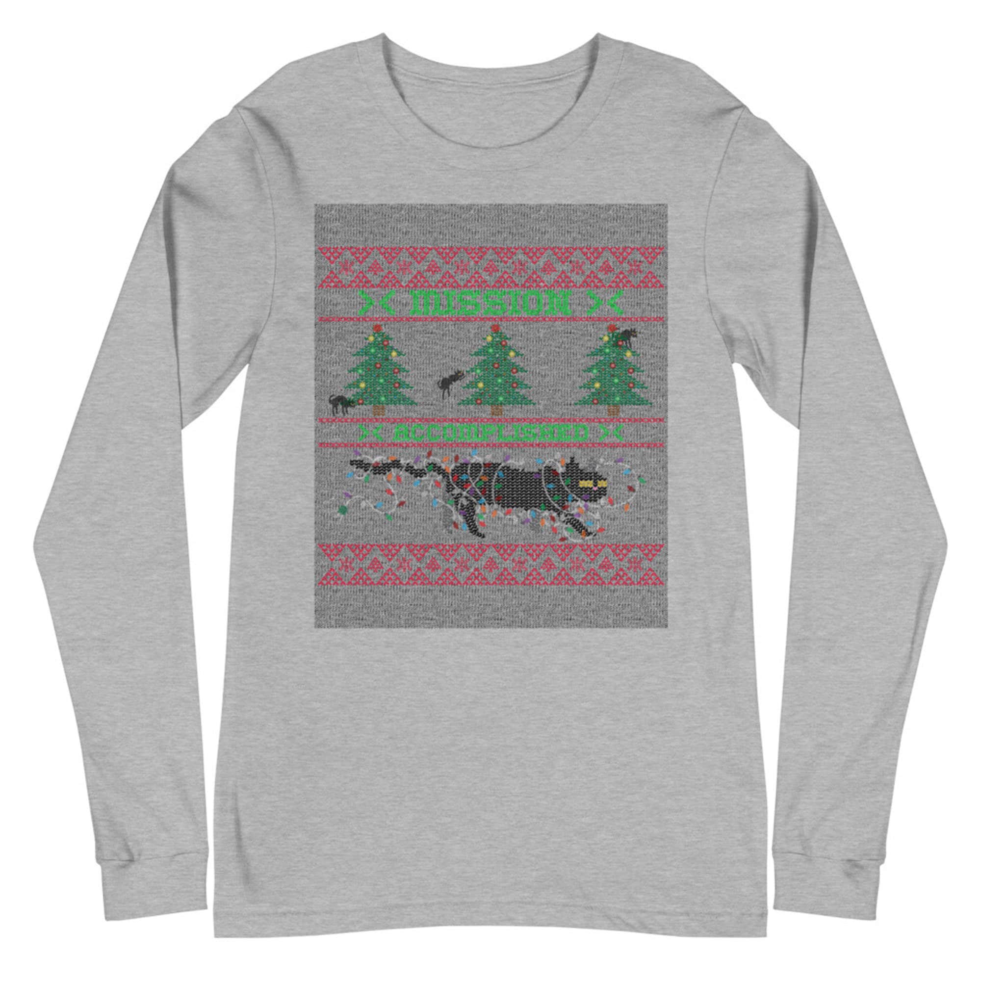 Mission Accomplished Cat and Christmas Lights Long Sleeve Tee Cat Ugly ...