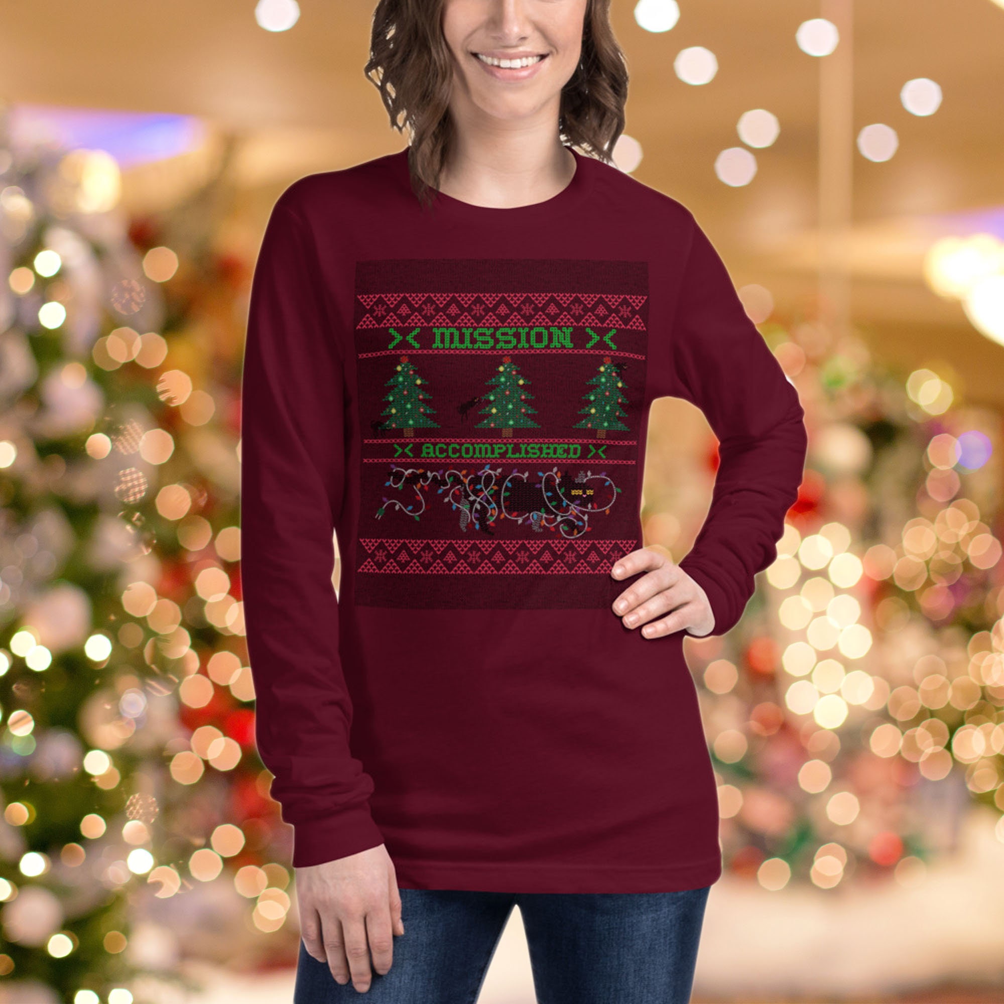 Mission Accomplished Cat and Christmas Lights Long Sleeve Tee | Cat ...