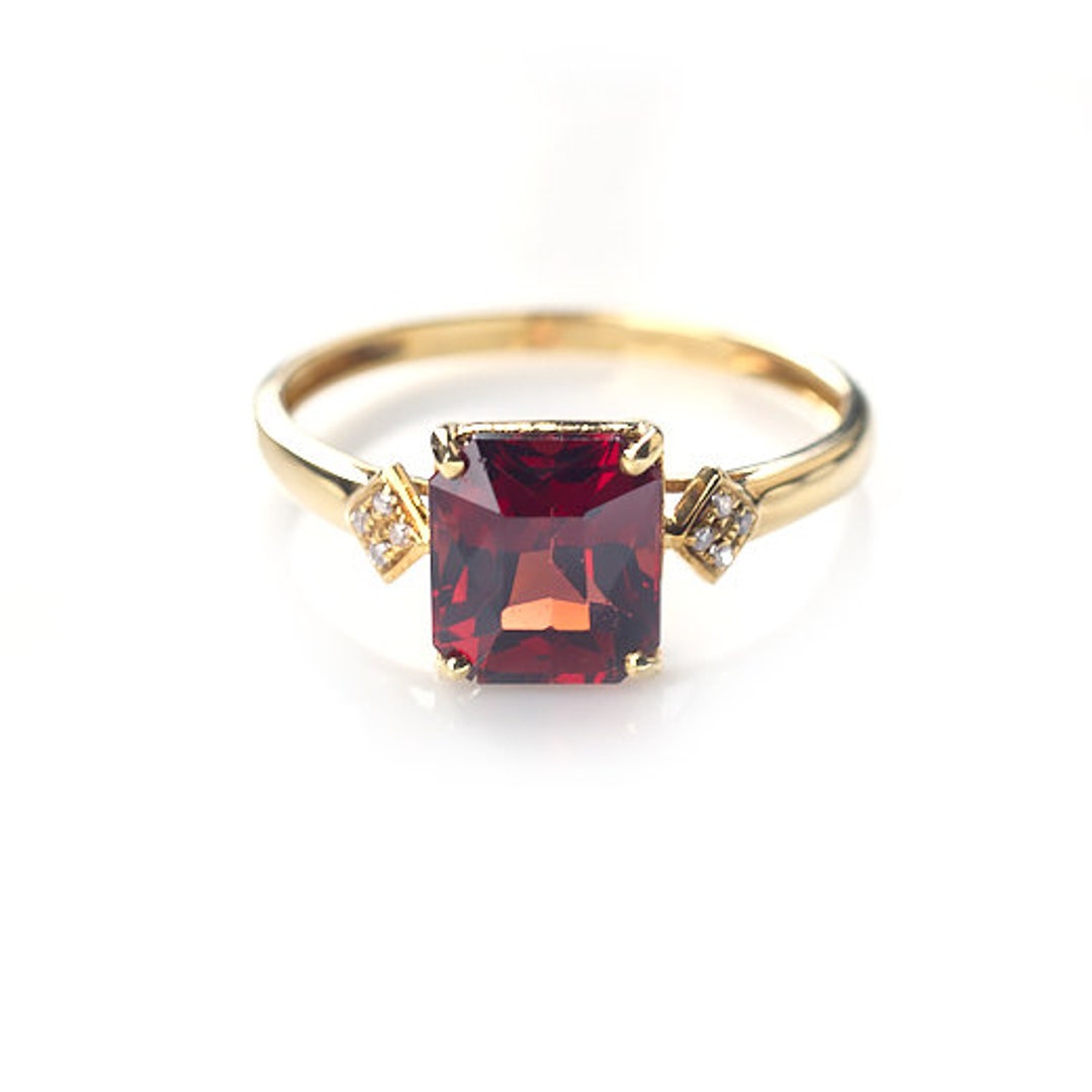 Emerald Cut Garnet Classic Engagement Ring 14K Gold Garnet Diamond ...