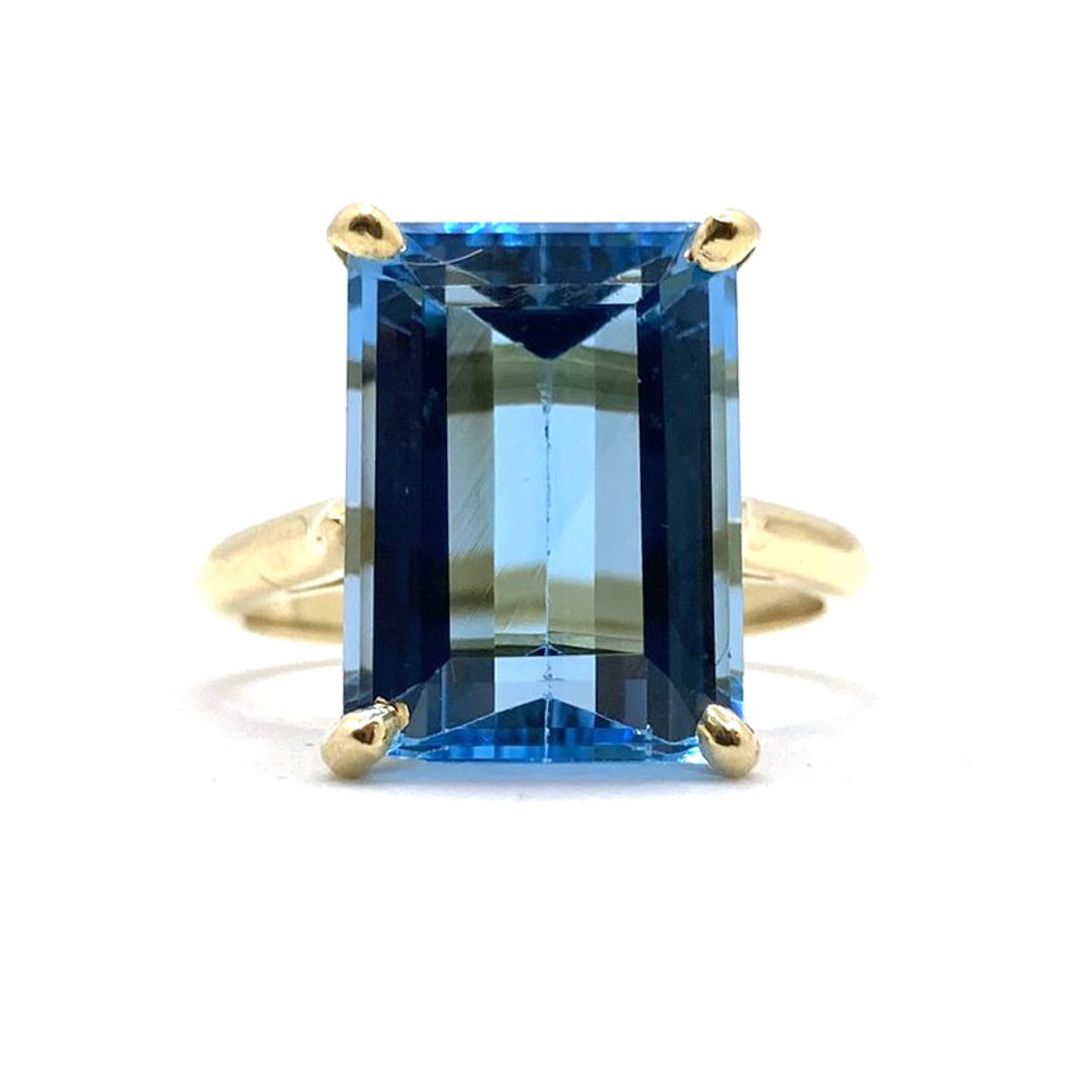 18x13mm Swiss Blue Topaz Cocktail Ring 14K Emerald Cut Topaz ...