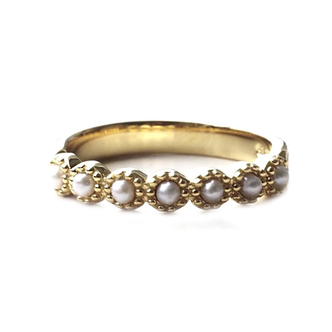 Art Deco Pearl Wedding Band 9K Gold Vintage Style Pear Eternity Band ...