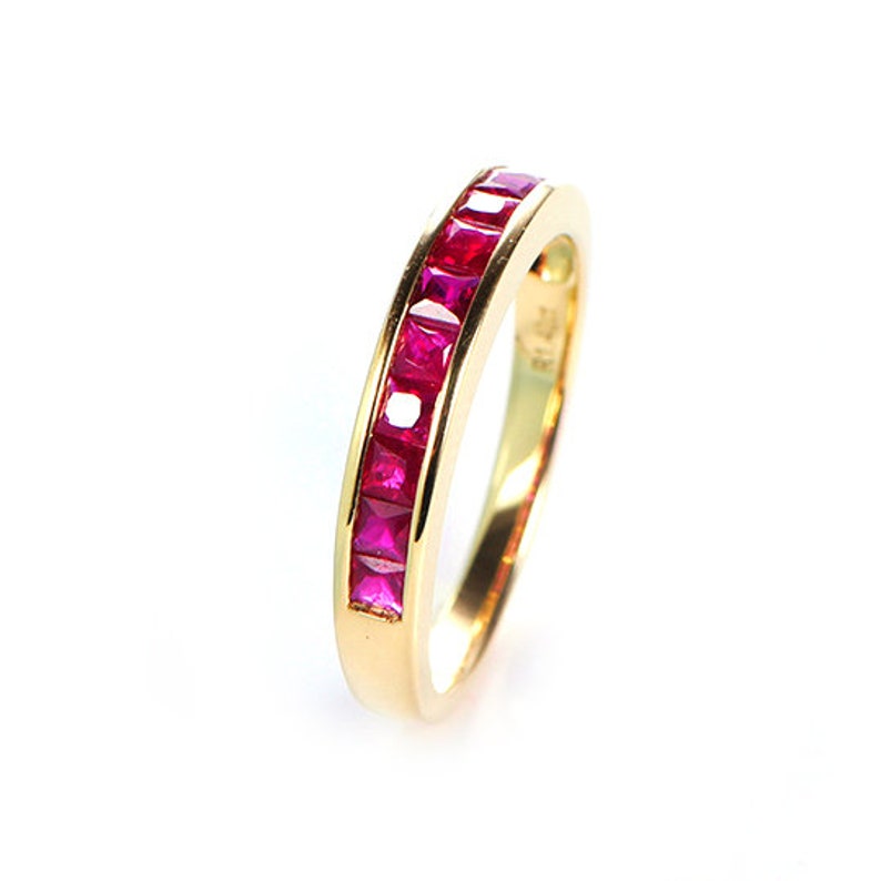 Lab Created Ruby Wedding Band Ring 14K Yellow Gold Princess - Etsy